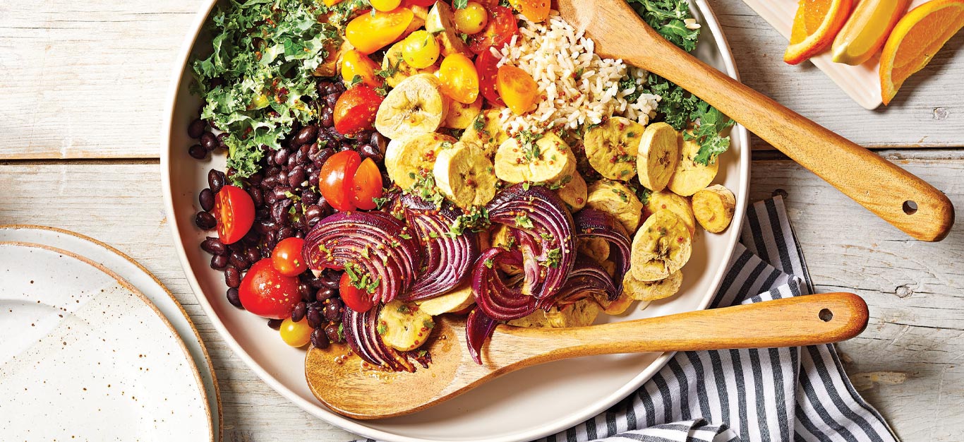Mojo-Seasoned Plantain Salad with Black Beans and Rice Recipe